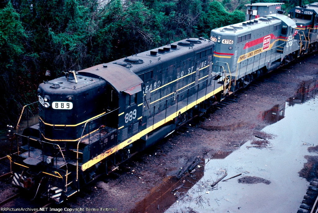 Seaboard Coast Line GP7 #889, GP16 #4706 and GP38-2 #6047, one of three sets of local power used ...